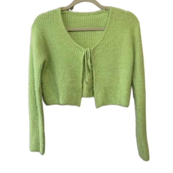 SHEIN | Sweaters | Shein Fuzzy Line Green Tie Front Cardigan Sweater ...